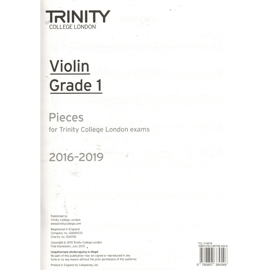 Trinity College London Trinity Violin Exam Pieces Grade 1 2016 2019
